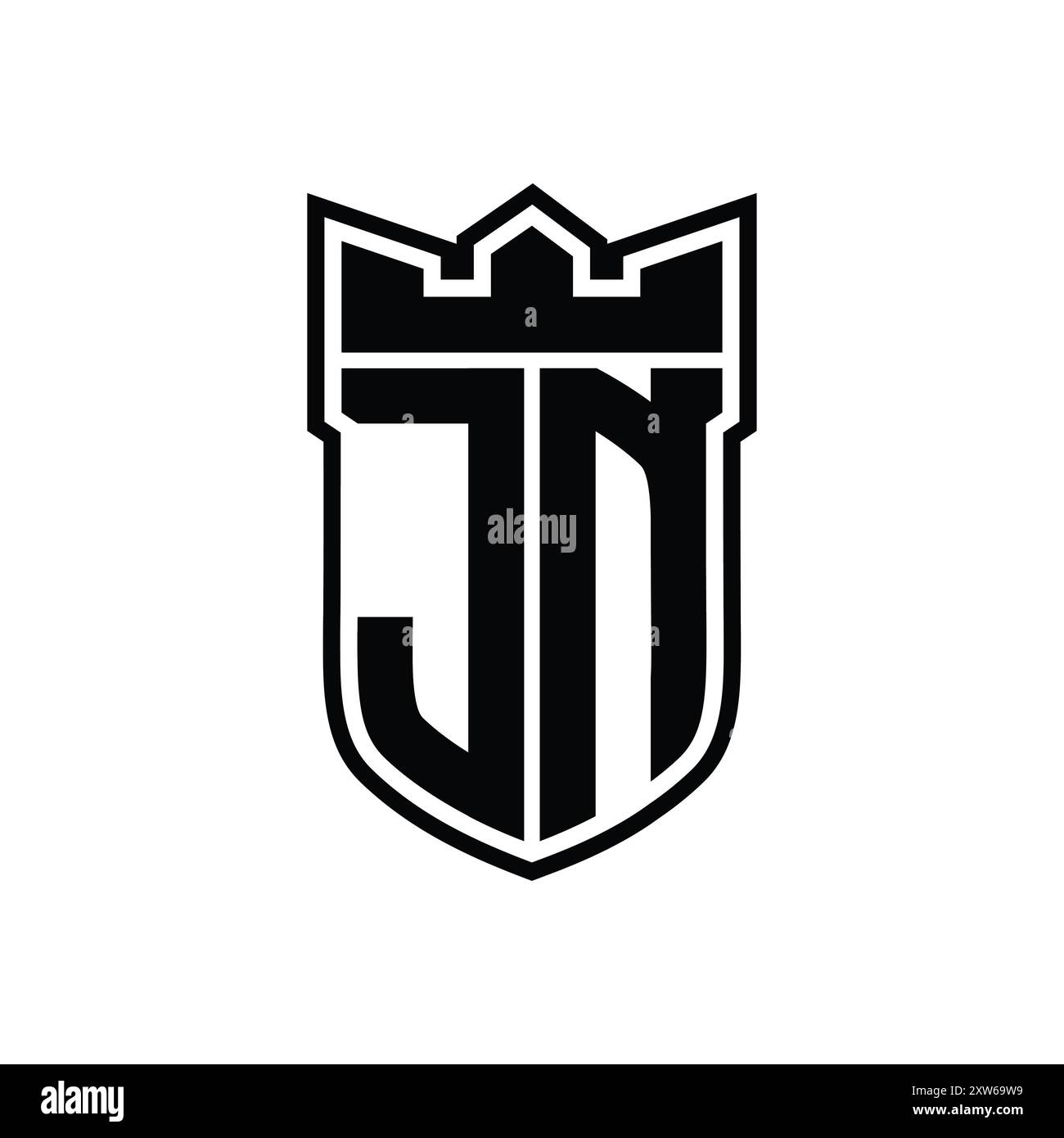 JN Letter logo with shield shape with geometric crown inside black ...