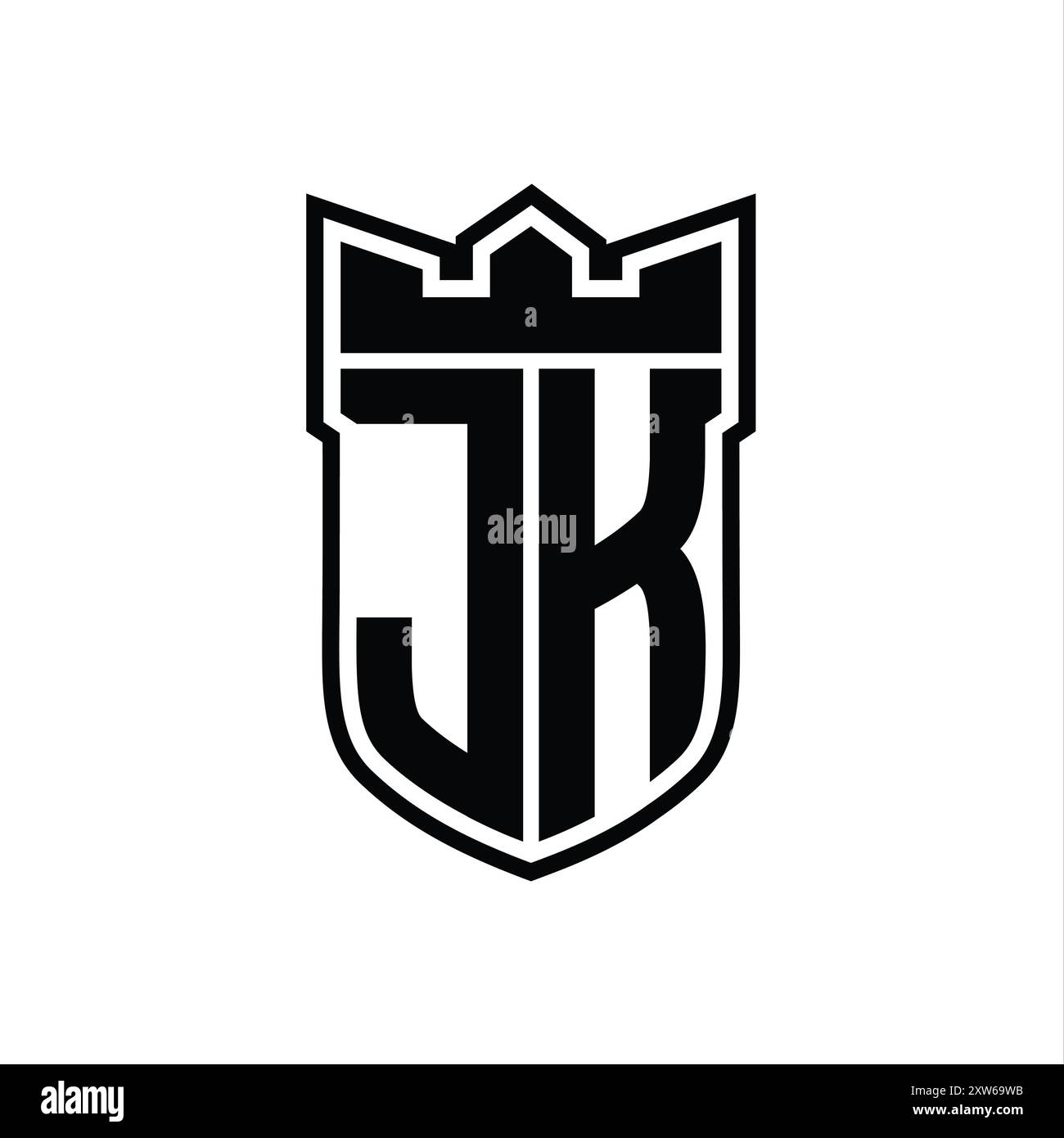 JK Letter logo with shield shape with geometric crown inside black ...