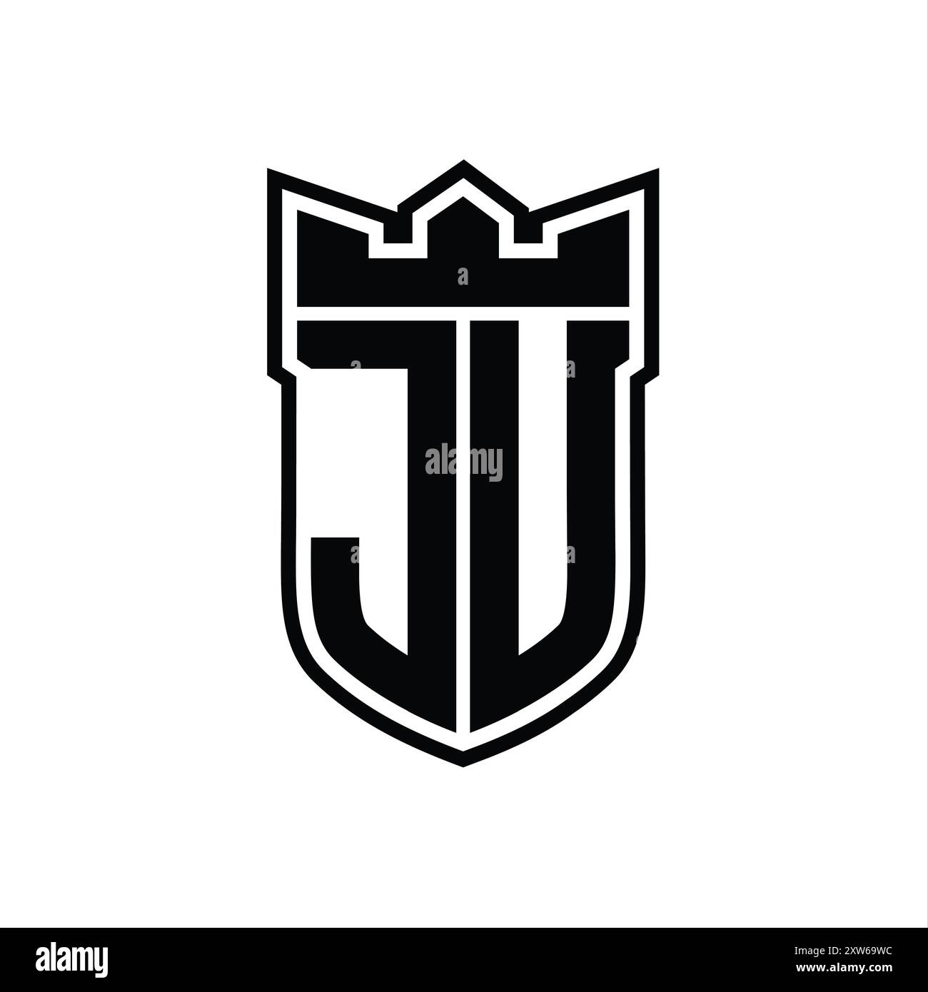 JU Letter logo with shield shape with geometric crown inside black ...