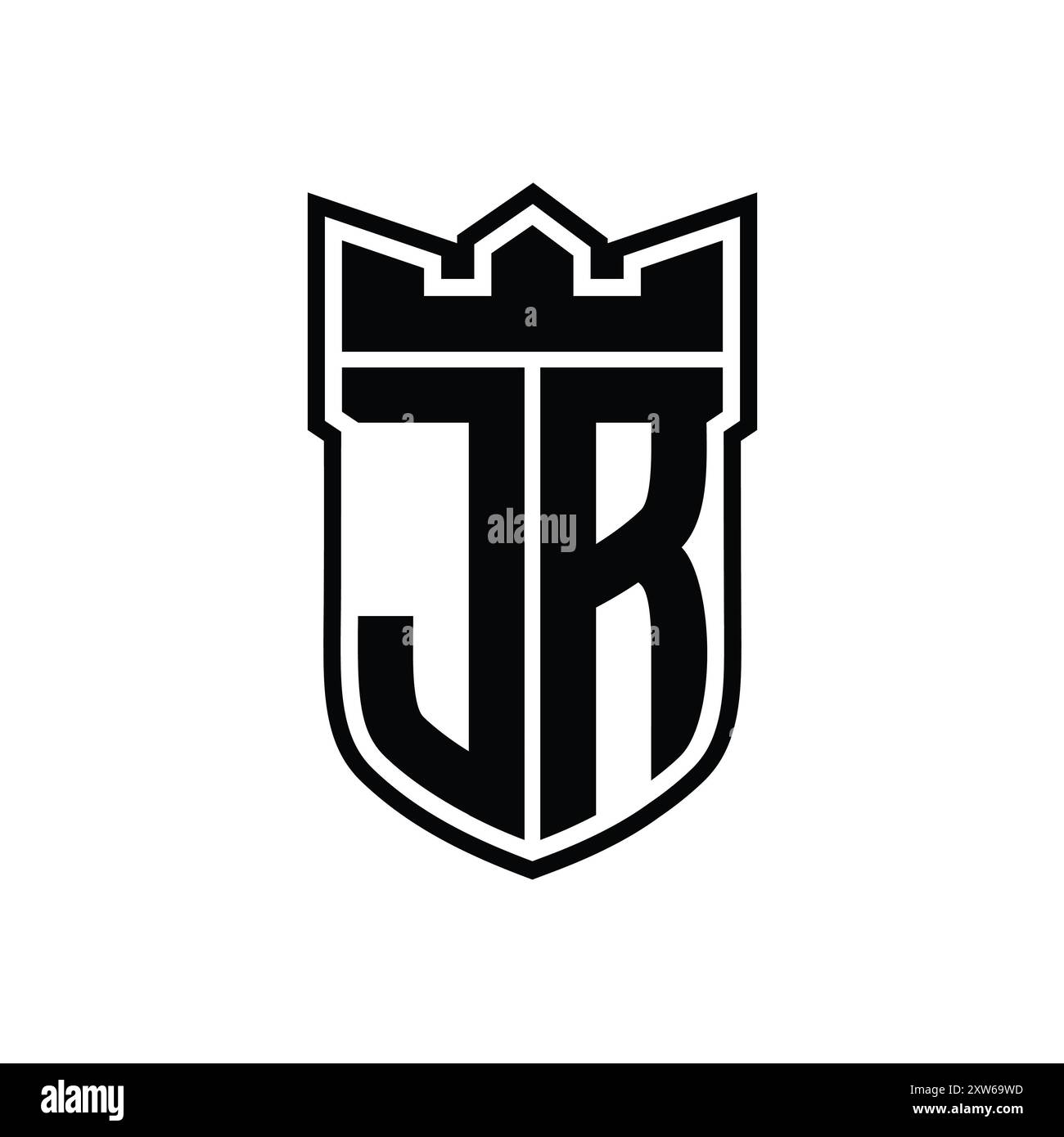 JR Letter logo with shield shape with geometric crown inside black ...