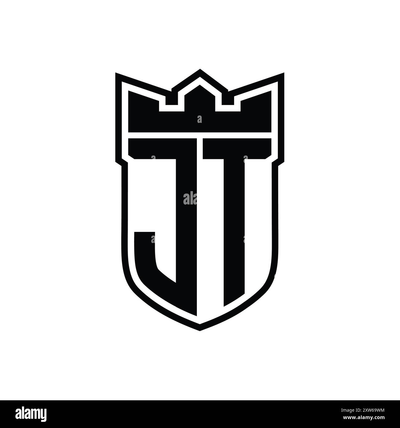 JT Letter logo with shield shape with geometric crown inside black ...