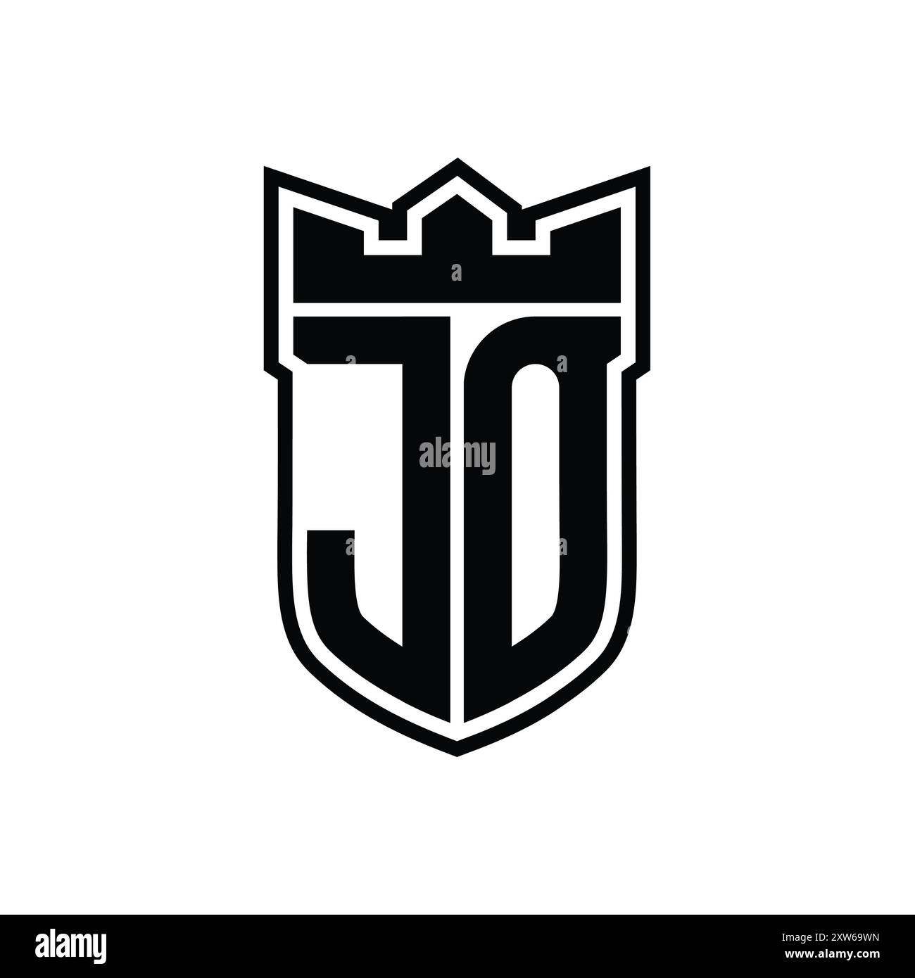 JO Letter logo with shield shape with geometric crown inside black ...