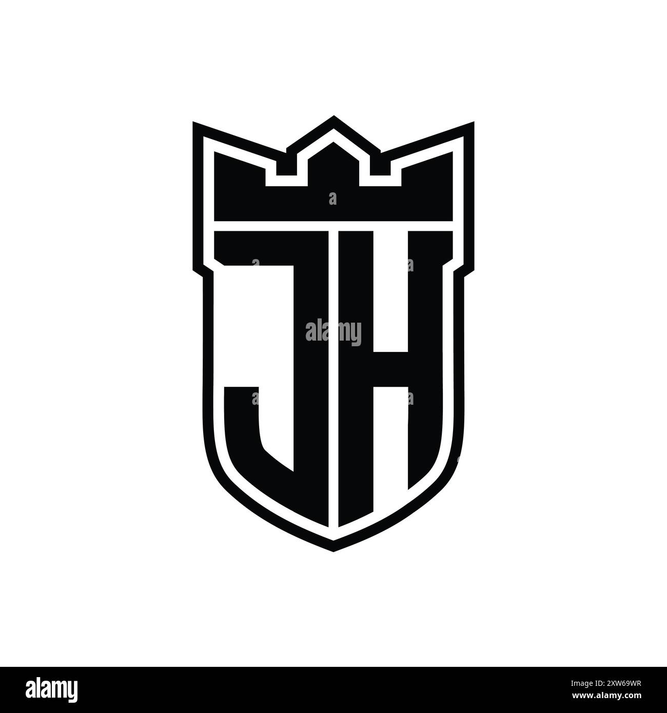 JH Letter logo with shield shape with geometric crown inside black ...