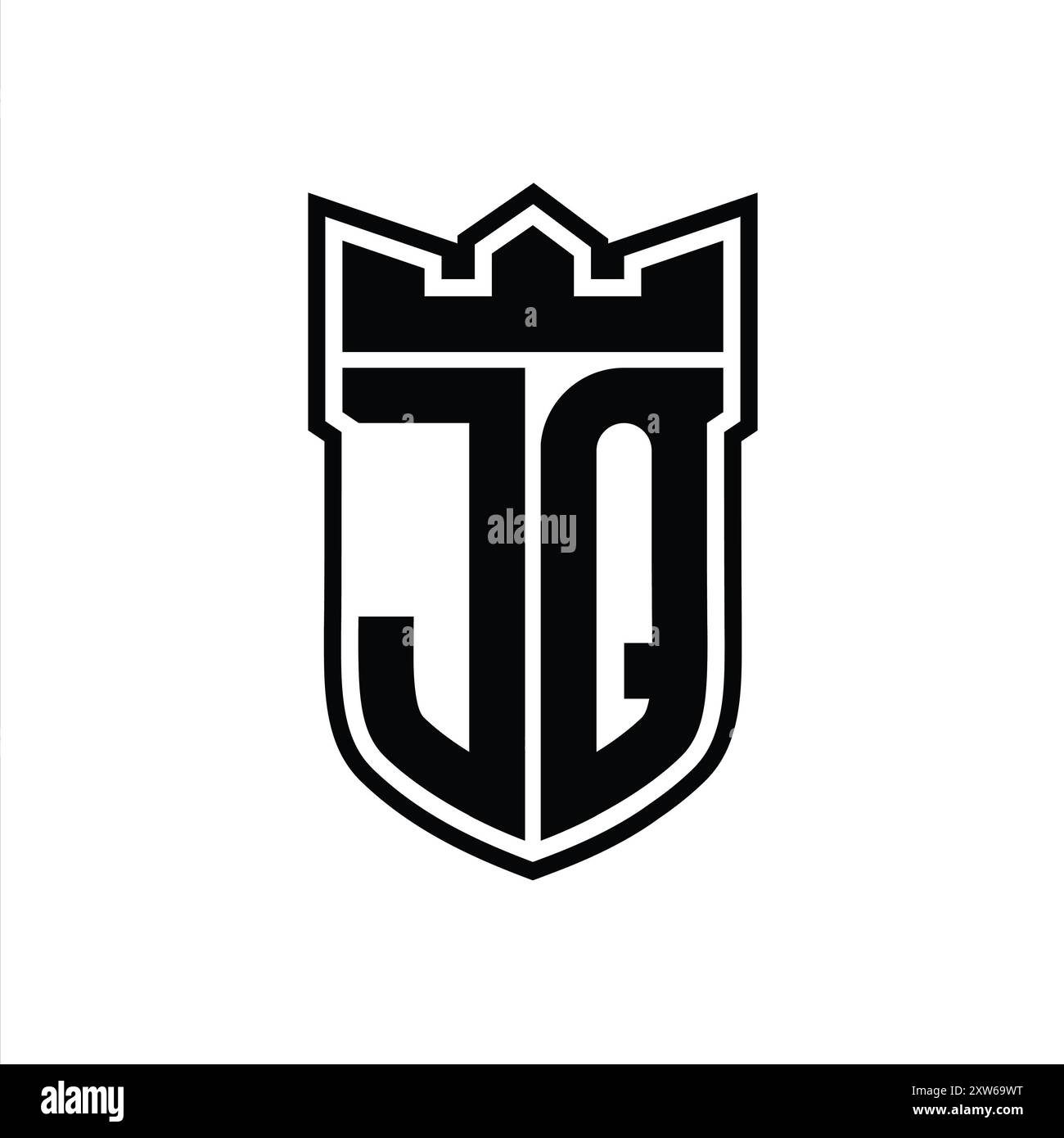 JQ Letter logo with shield shape with geometric crown inside black ...