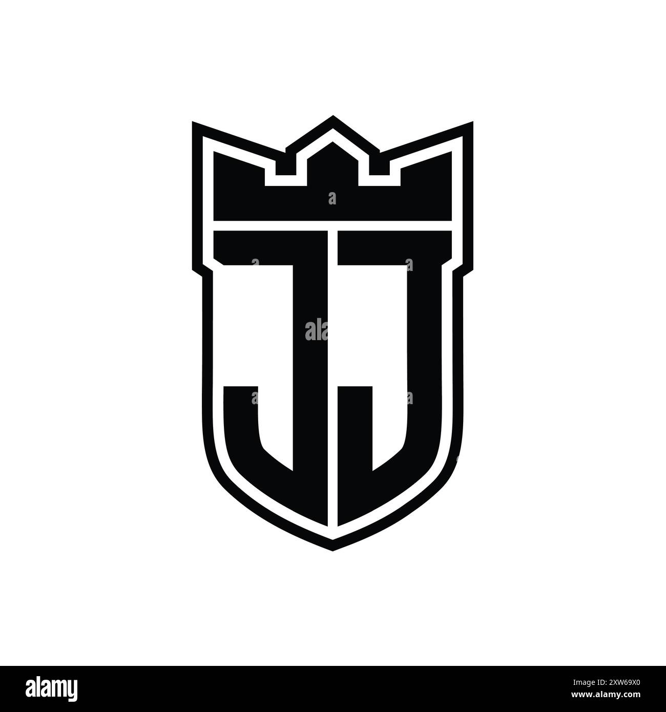 JJ Letter logo with shield shape with geometric crown inside black ...