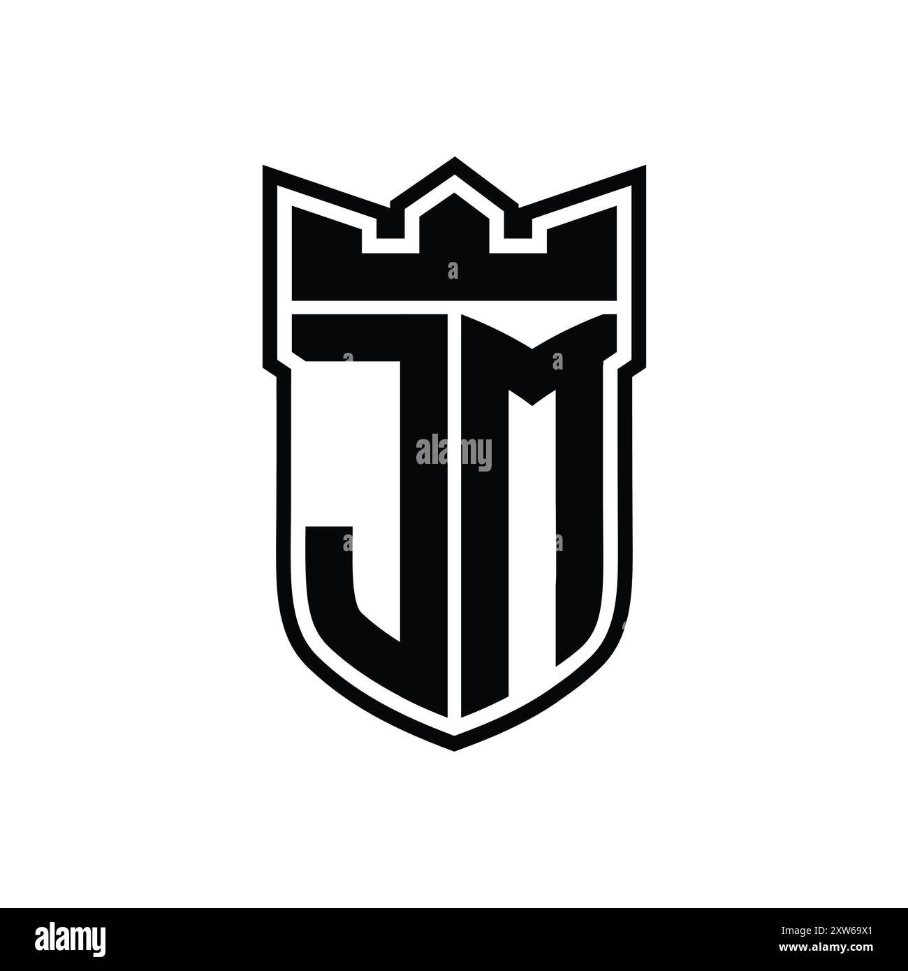 JM Letter logo with shield shape with geometric crown inside black ...