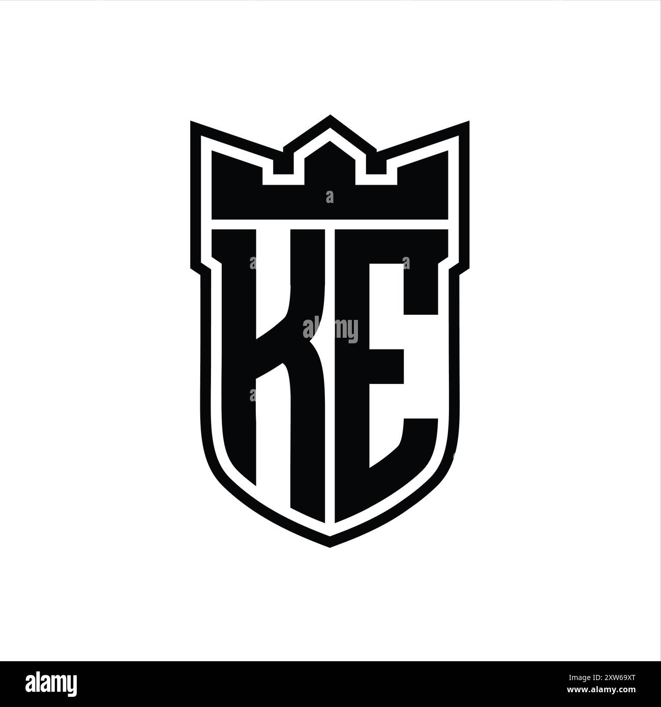 KE Letter logo with shield shape with geometric crown inside black ...