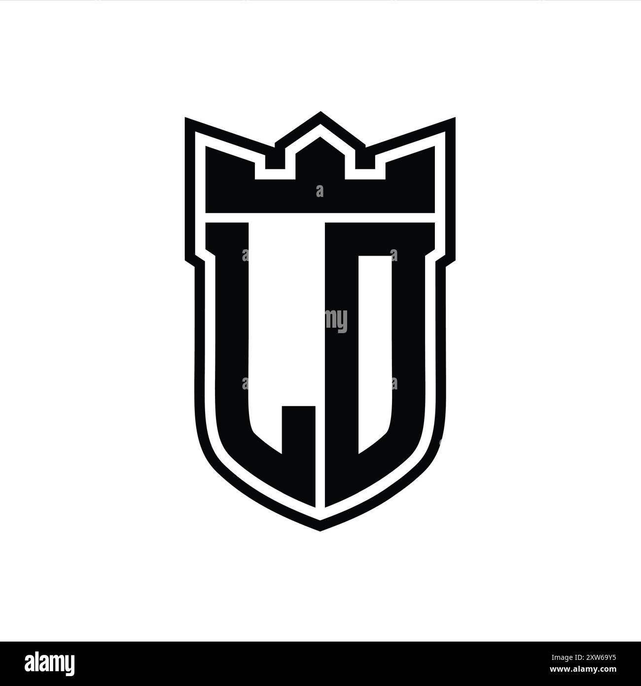 LD Letter logo with shield shape with geometric crown inside black outline on white background ...