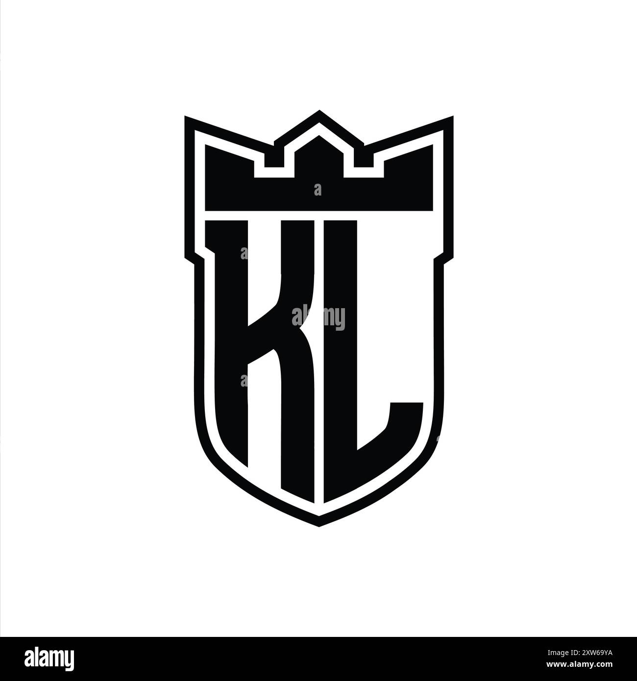 KL Letter logo with shield shape with geometric crown inside black ...