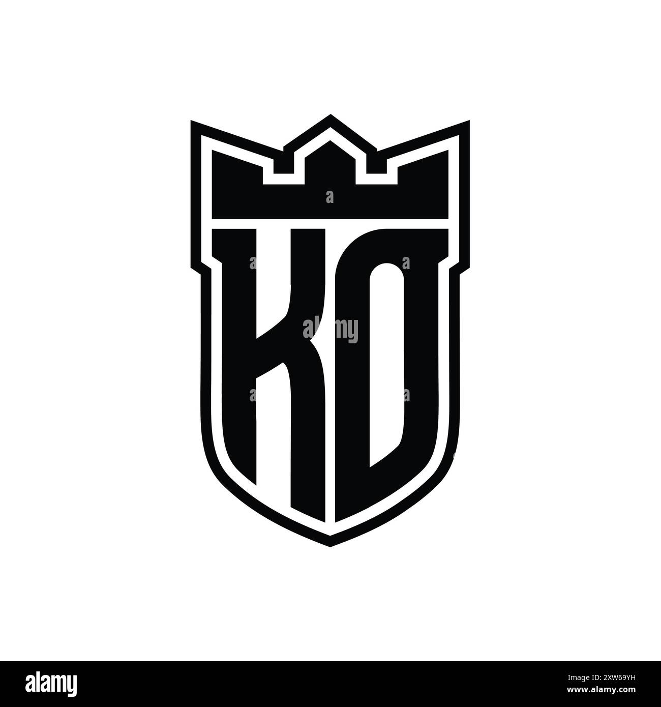 KO Letter logo with shield shape with geometric crown inside black ...