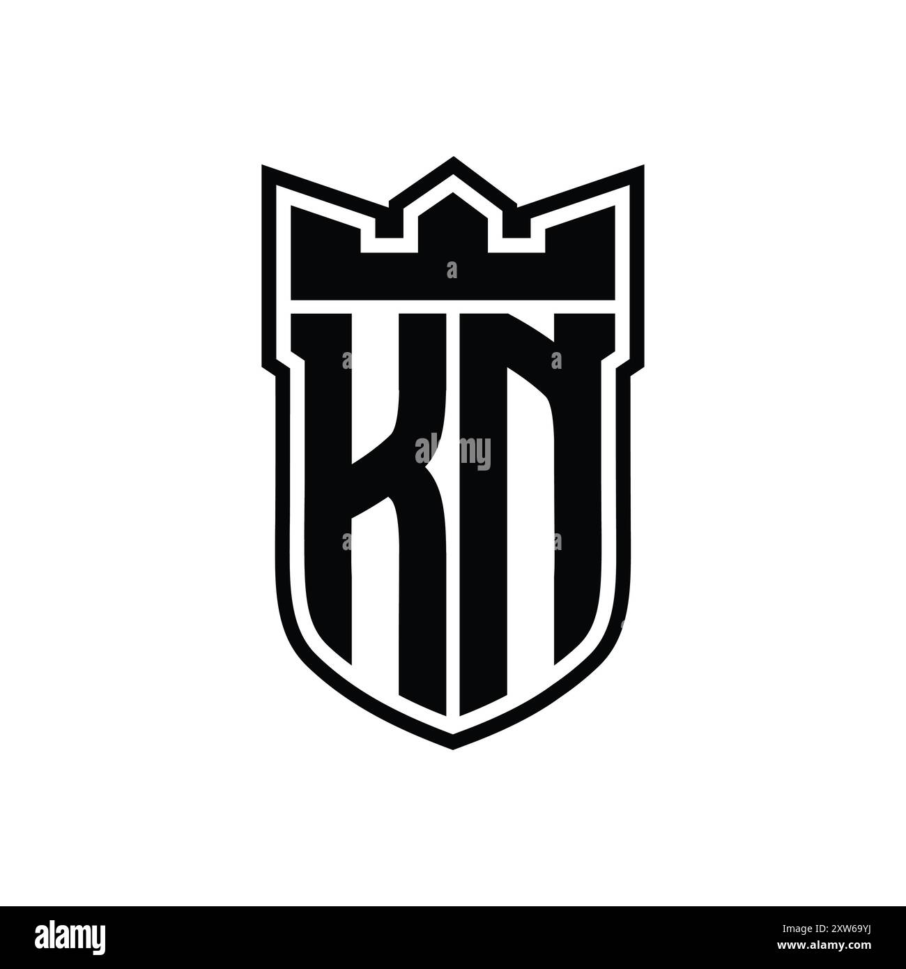 KN Letter logo with shield shape with geometric crown inside black ...