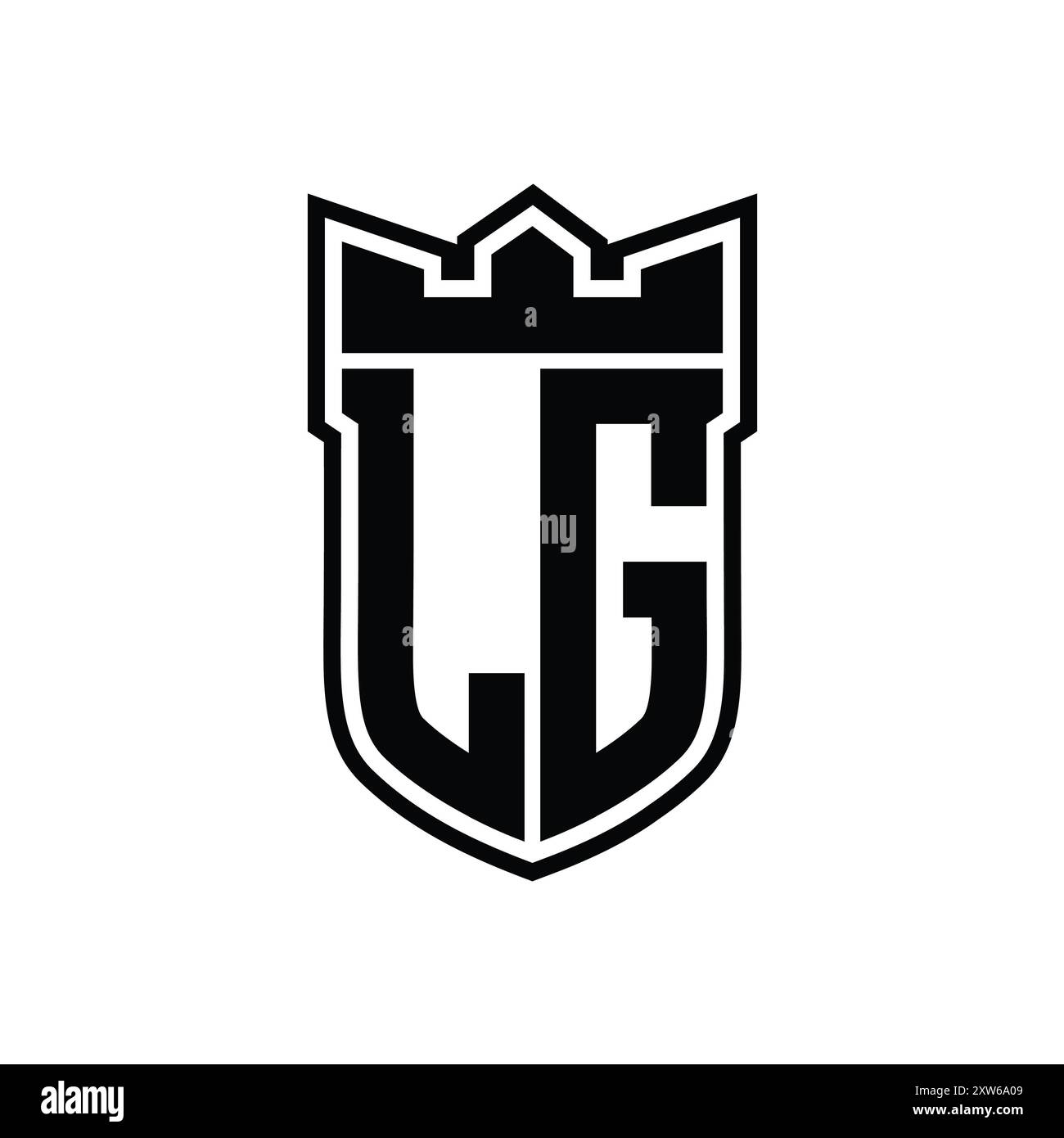 LG Letter logo with shield shape with geometric crown inside black outline on white background ...