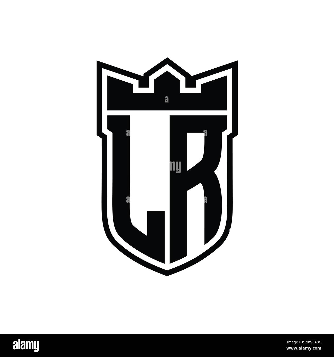 LR Letter logo with shield shape with geometric crown inside black ...