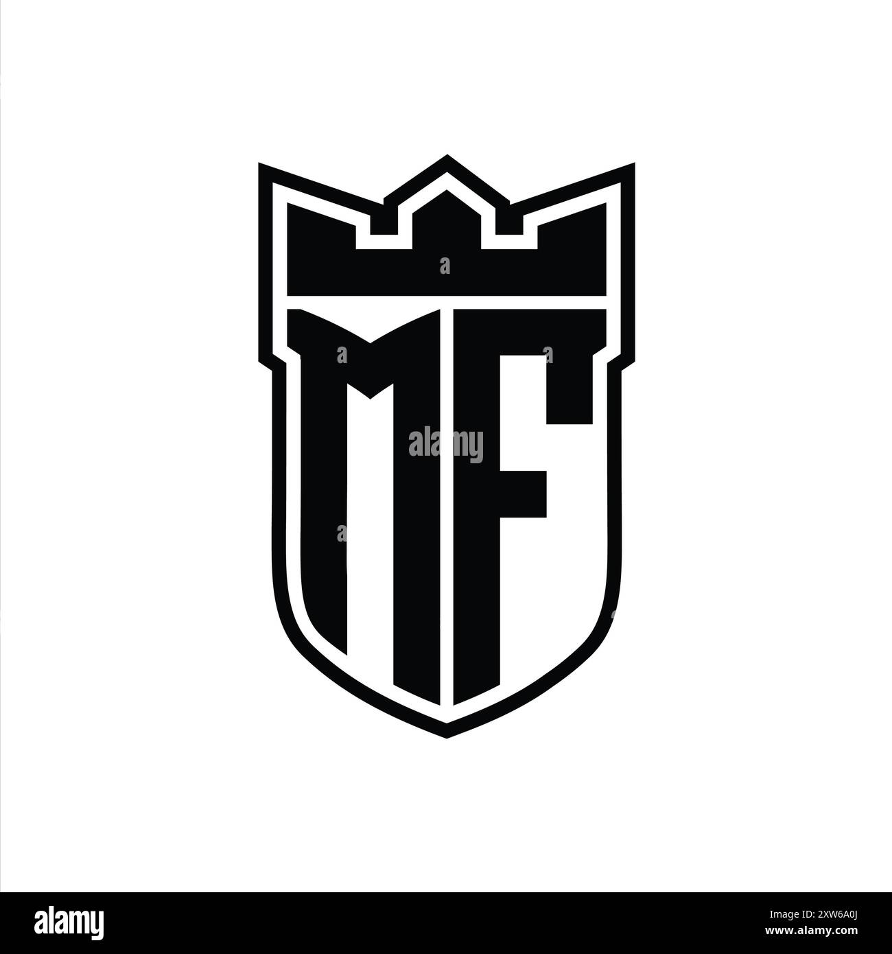 MF Letter logo with shield shape with geometric crown inside black ...