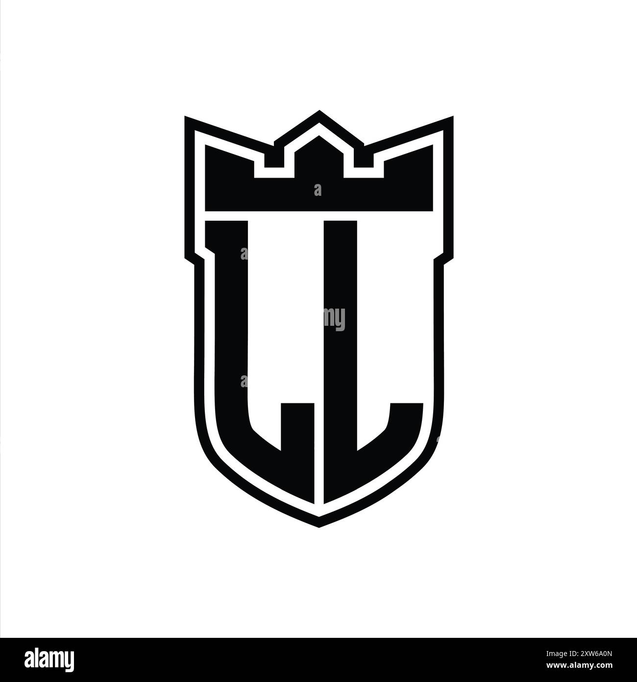 LL Letter logo with shield shape with geometric crown inside black ...
