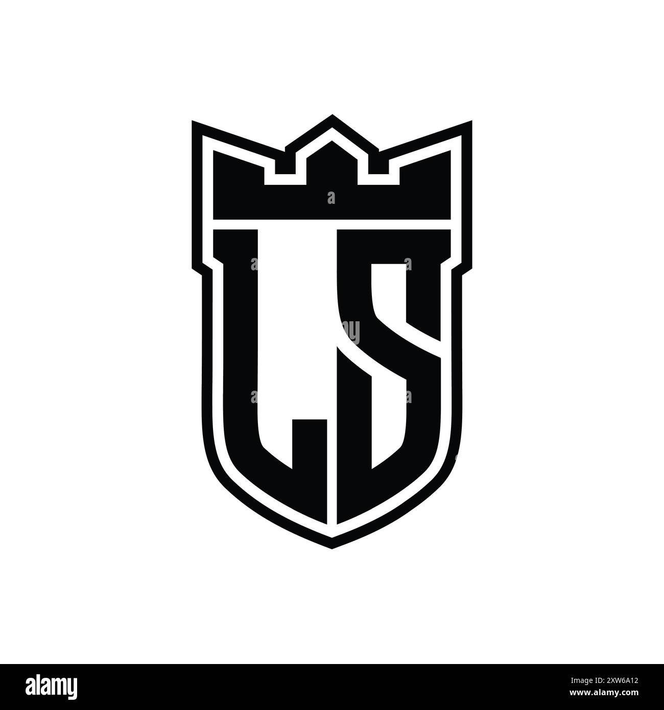 LS Letter logo with shield shape with geometric crown inside black outline on white background ...