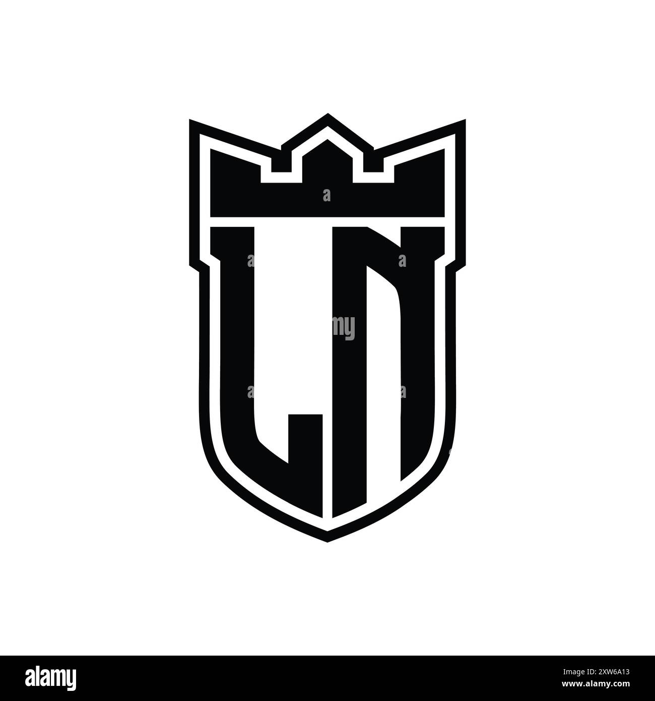 LN Letter logo with shield shape with geometric crown inside black ...