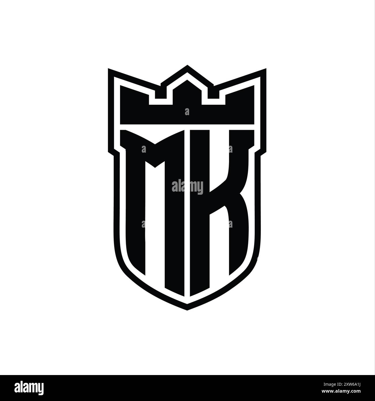 MK Letter logo with shield shape with geometric crown inside black ...