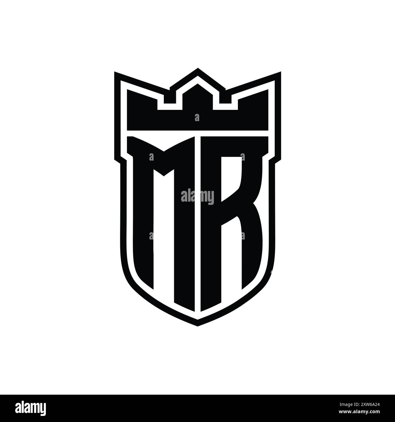 MR Letter logo with shield shape with geometric crown inside black outline on white background ...