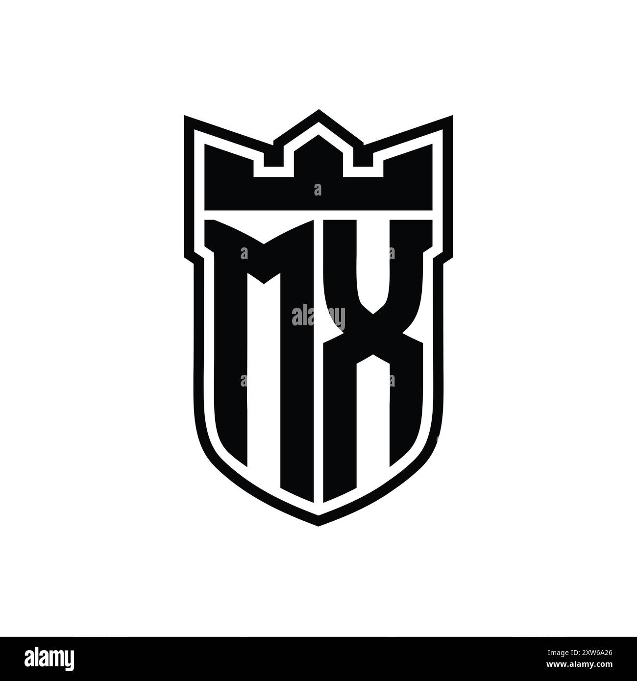 MX Letter logo with shield shape with geometric crown inside black outline on white background ...