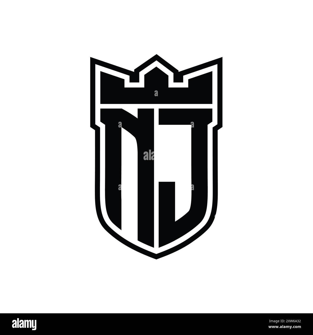 NJ Letter logo with shield shape with geometric crown inside black ...