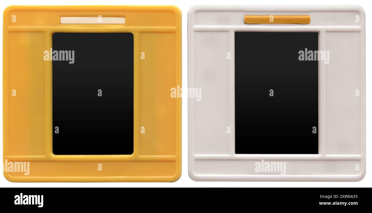 a high-resolution, close-up view of a plastic slide mount, showing both ...