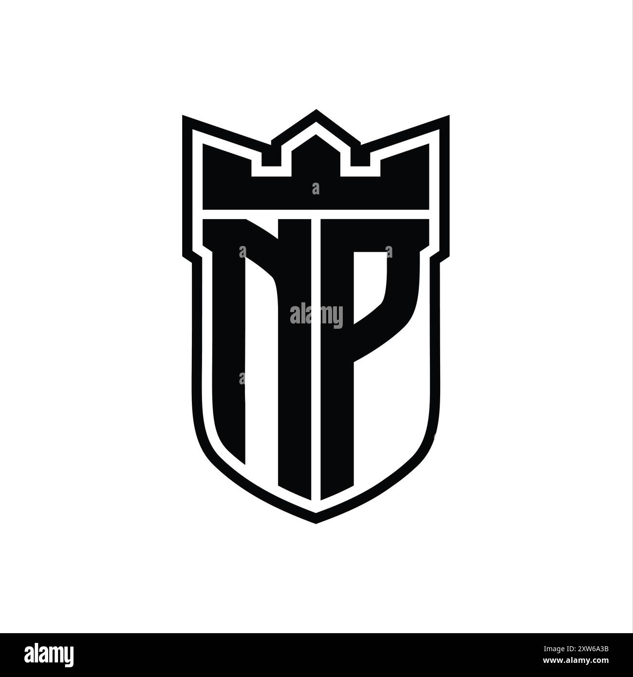 NP Letter logo with shield shape with geometric crown inside black ...
