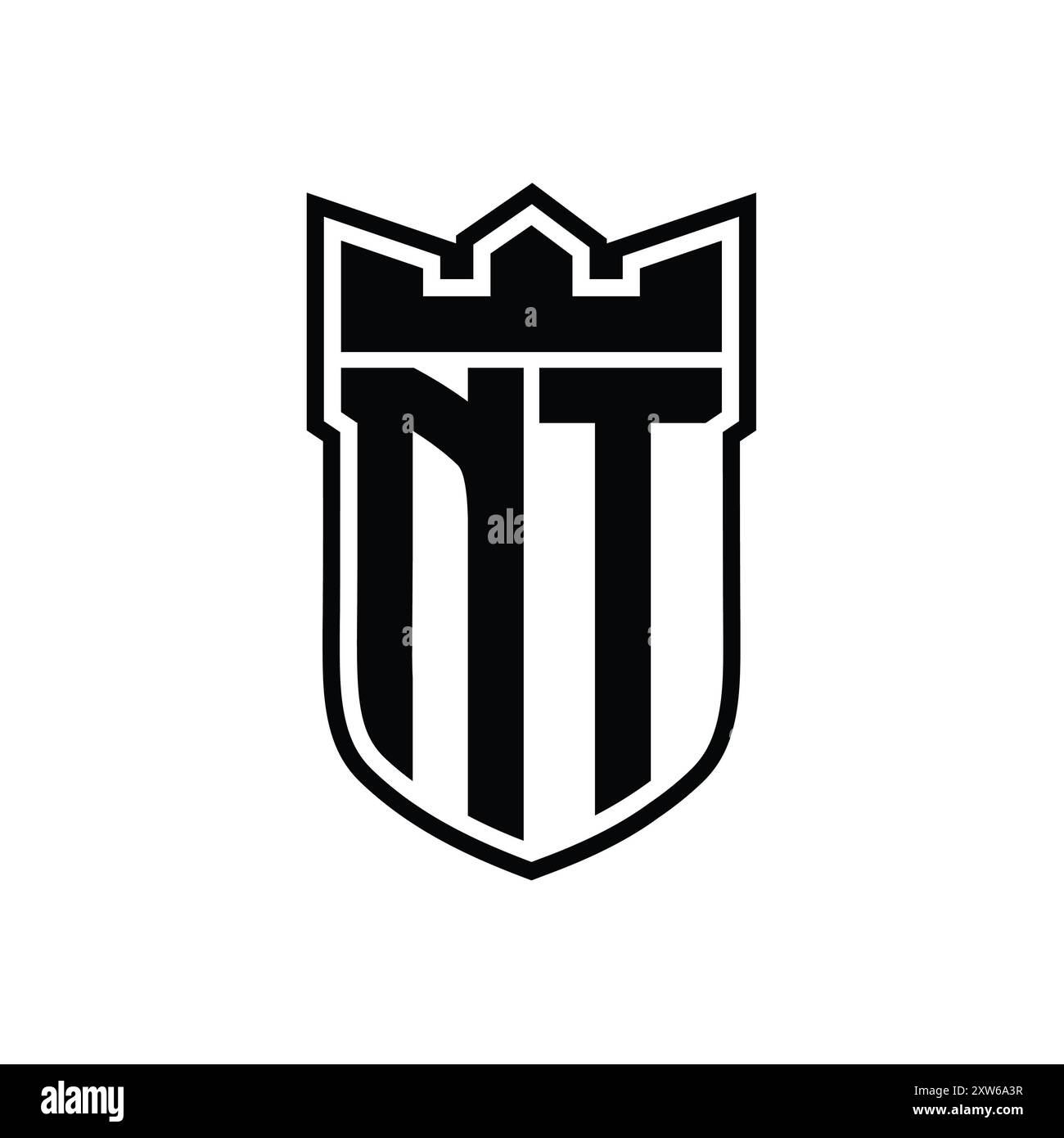 NT Letter logo with shield shape with geometric crown inside black ...