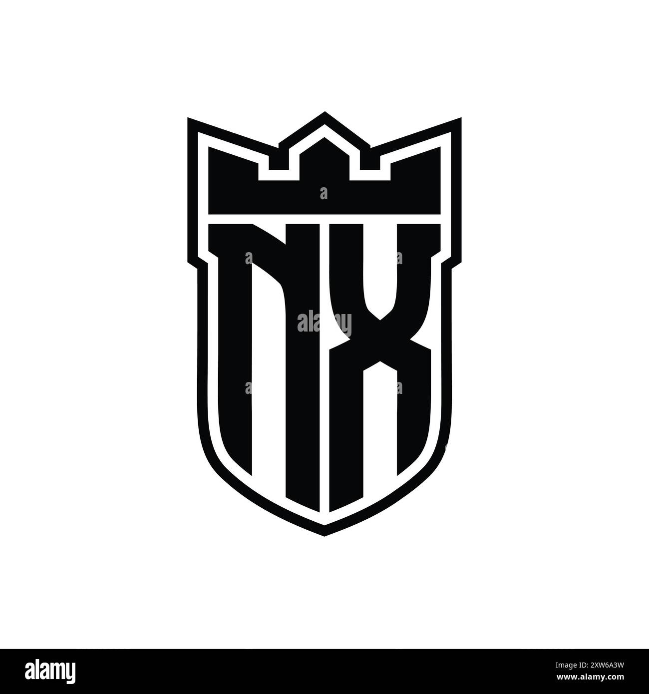 NX Letter logo with shield shape with geometric crown inside black ...