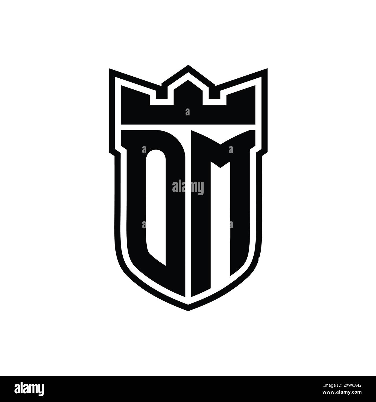 OM Letter logo with shield shape with geometric crown inside black ...