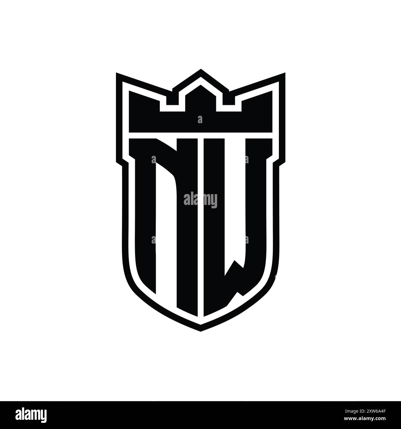 NW Letter logo with shield shape with geometric crown inside black ...