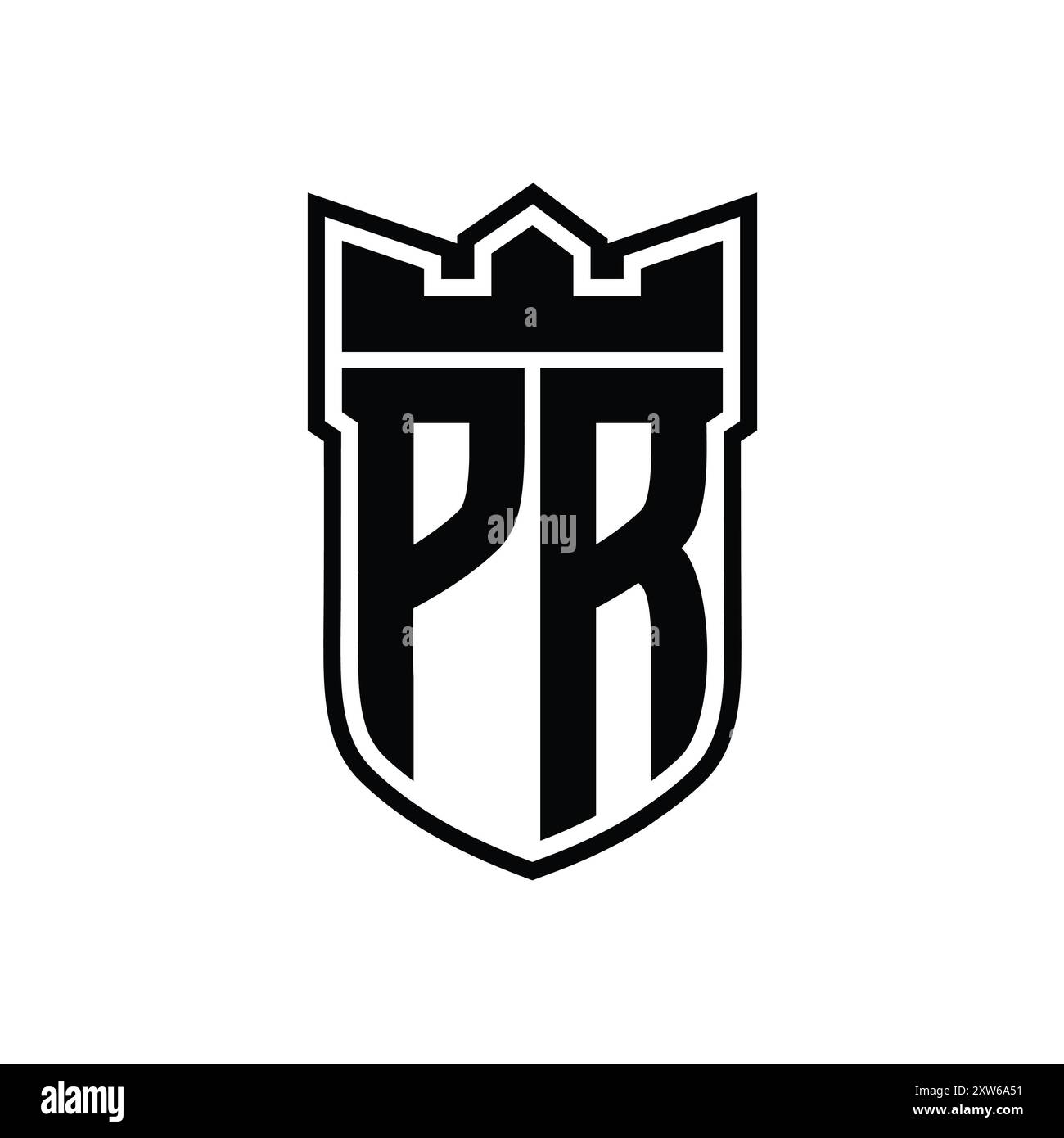 PR Letter logo with shield shape with geometric crown inside black outline on white background ...