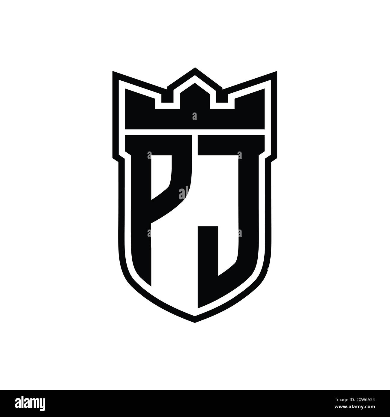 PJ Letter logo with shield shape with geometric crown inside black ...