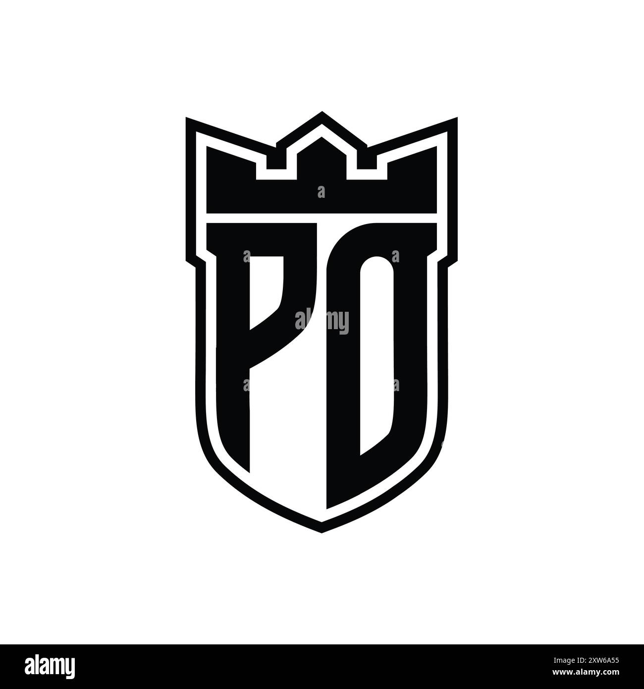PO Letter logo with shield shape with geometric crown inside black ...