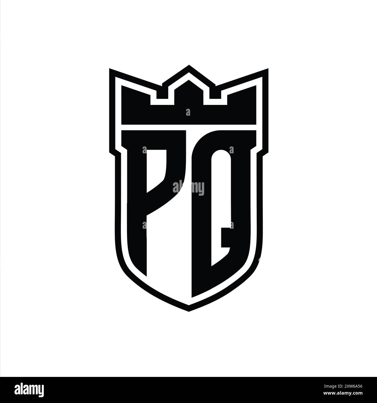 PQ Letter logo with shield shape with geometric crown inside black ...