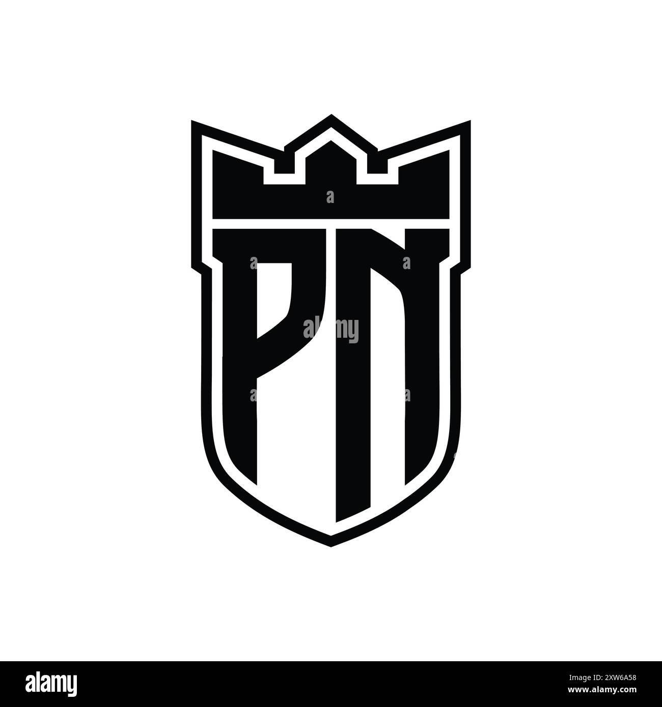 PN Letter logo with shield shape with geometric crown inside black ...