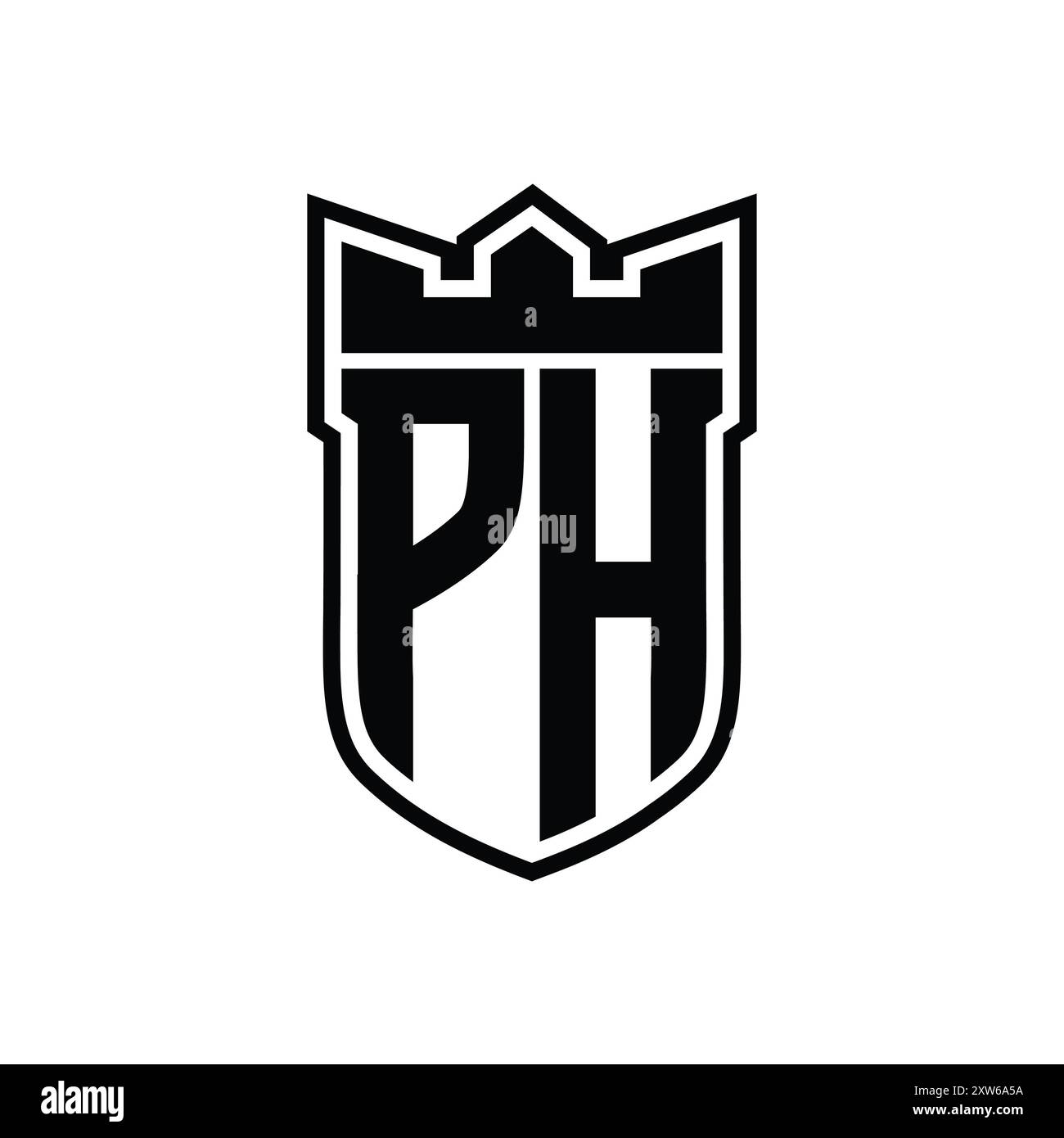 PH Letter logo with shield shape with geometric crown inside black ...