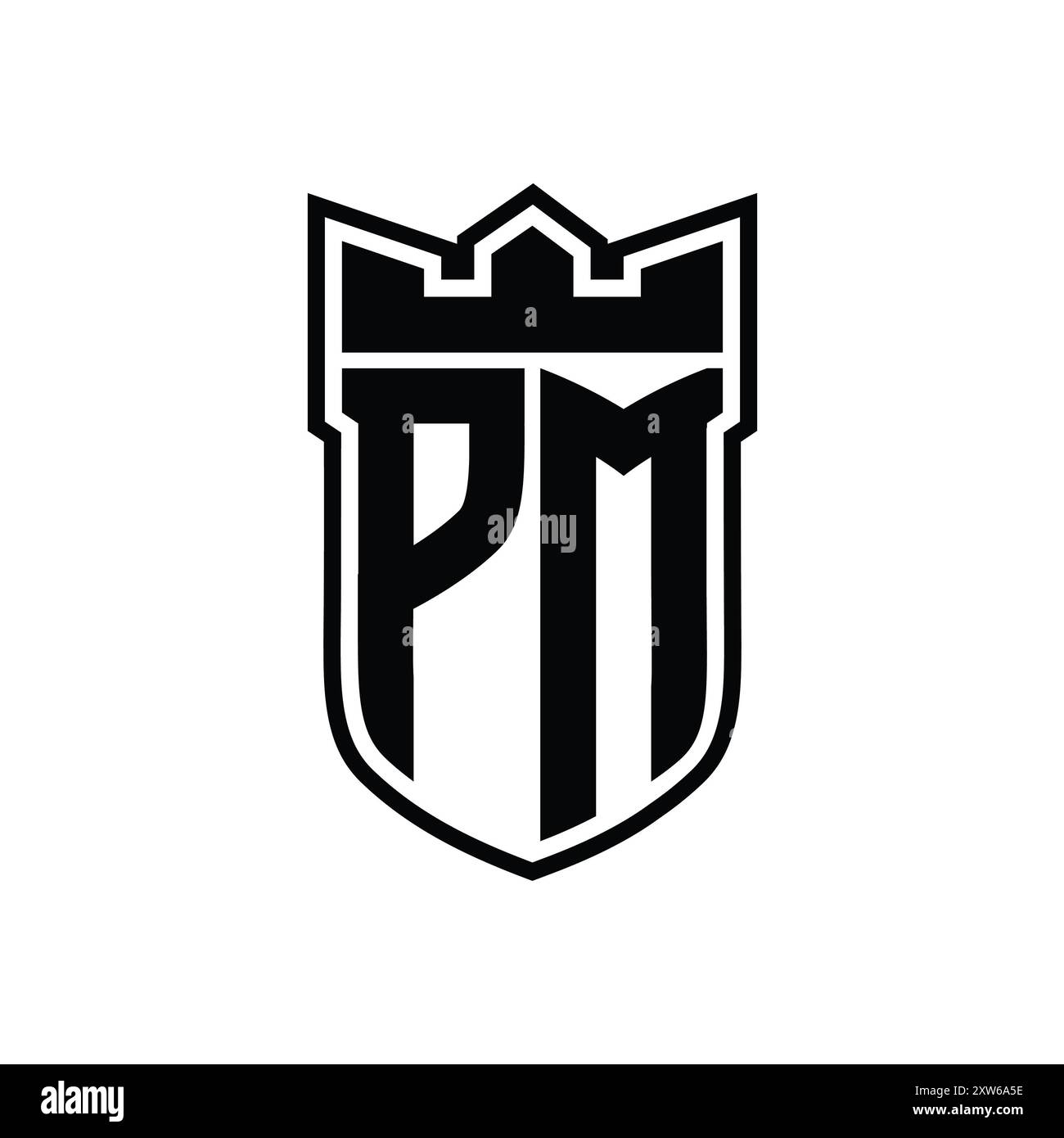 PM Letter logo with shield shape with geometric crown inside black ...