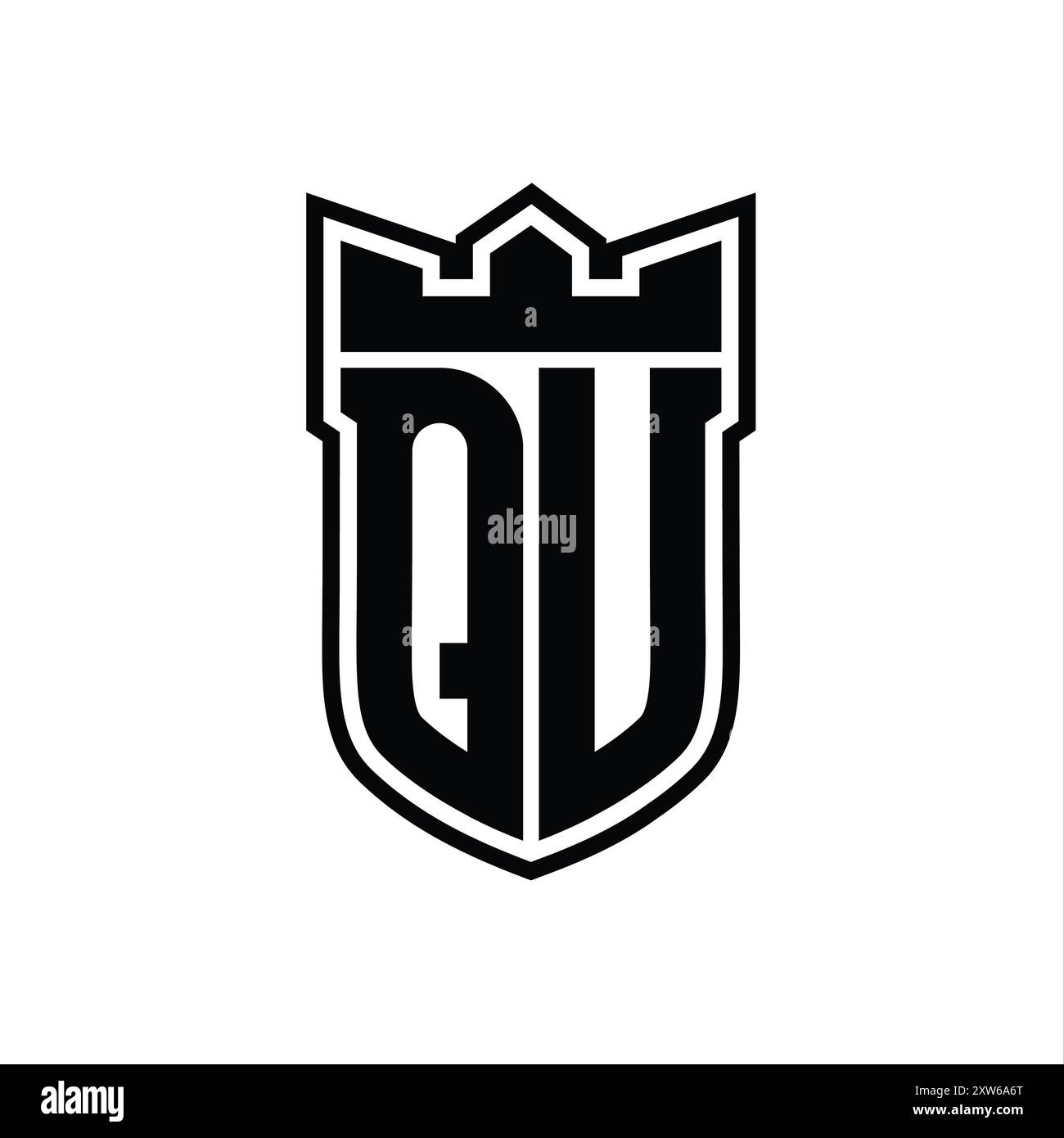 QU Letter logo with shield shape with geometric crown inside black ...