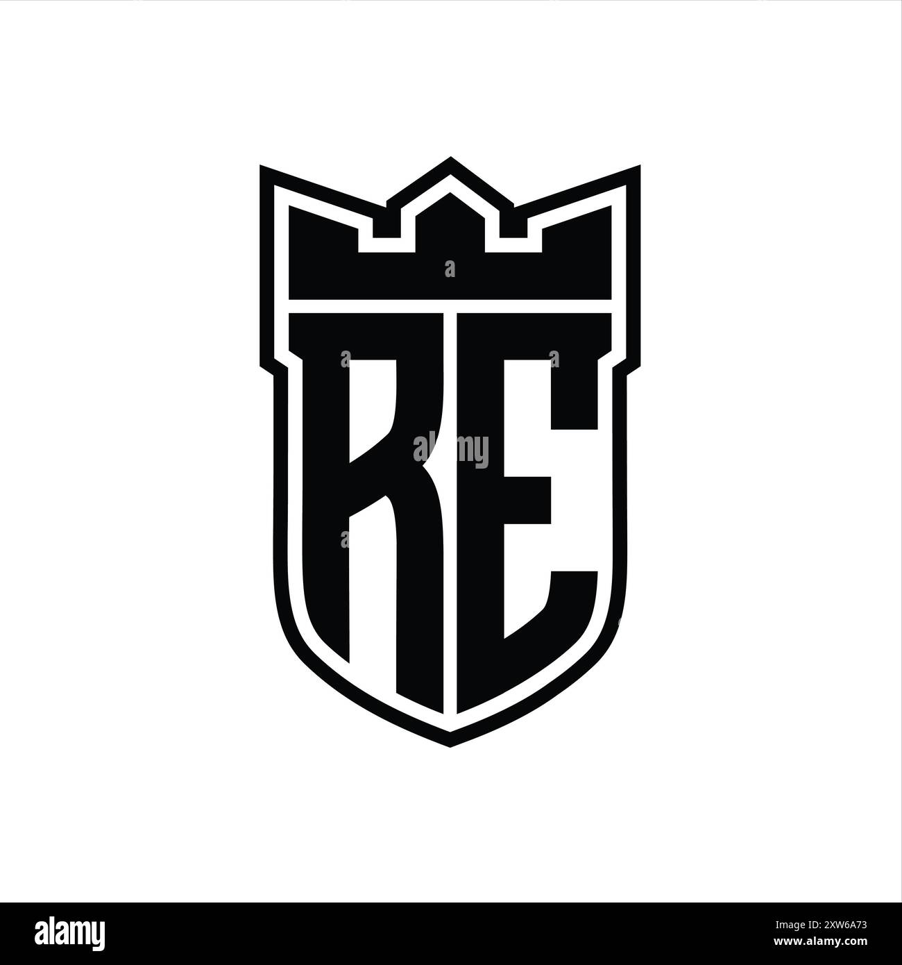 RE Letter logo with shield shape with geometric crown inside black ...