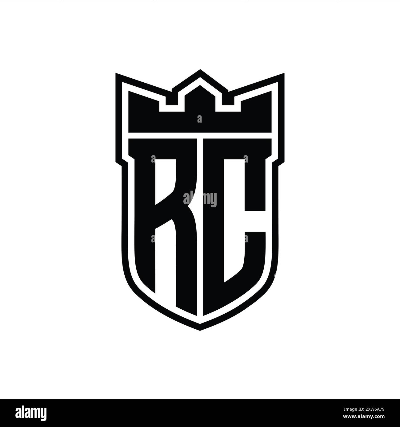 RC Letter logo with shield shape with geometric crown inside black ...