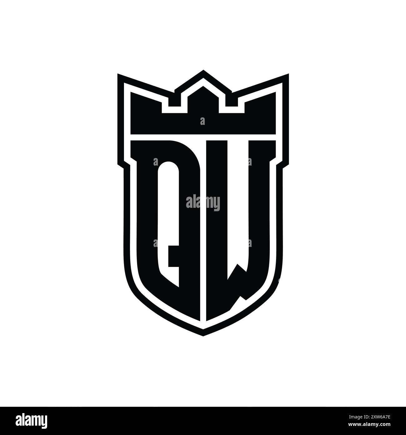 QW Letter logo with shield shape with geometric crown inside black ...