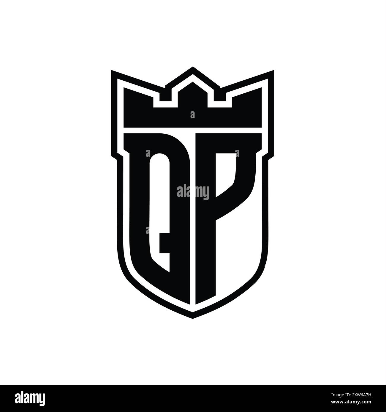 QP Letter logo with shield shape with geometric crown inside black ...