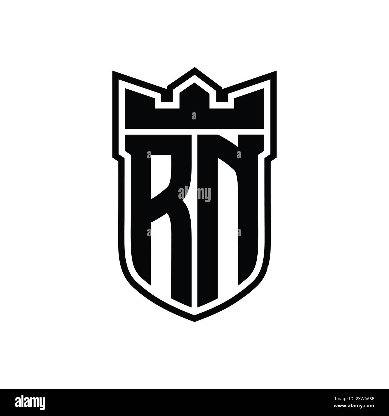 RN Letter logo with shield shape with geometric crown inside black ...