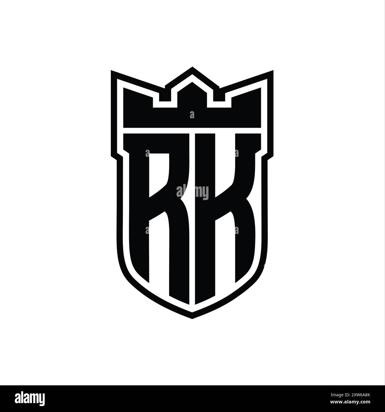 RK Letter logo with shield shape with geometric crown inside black outline on white background ...