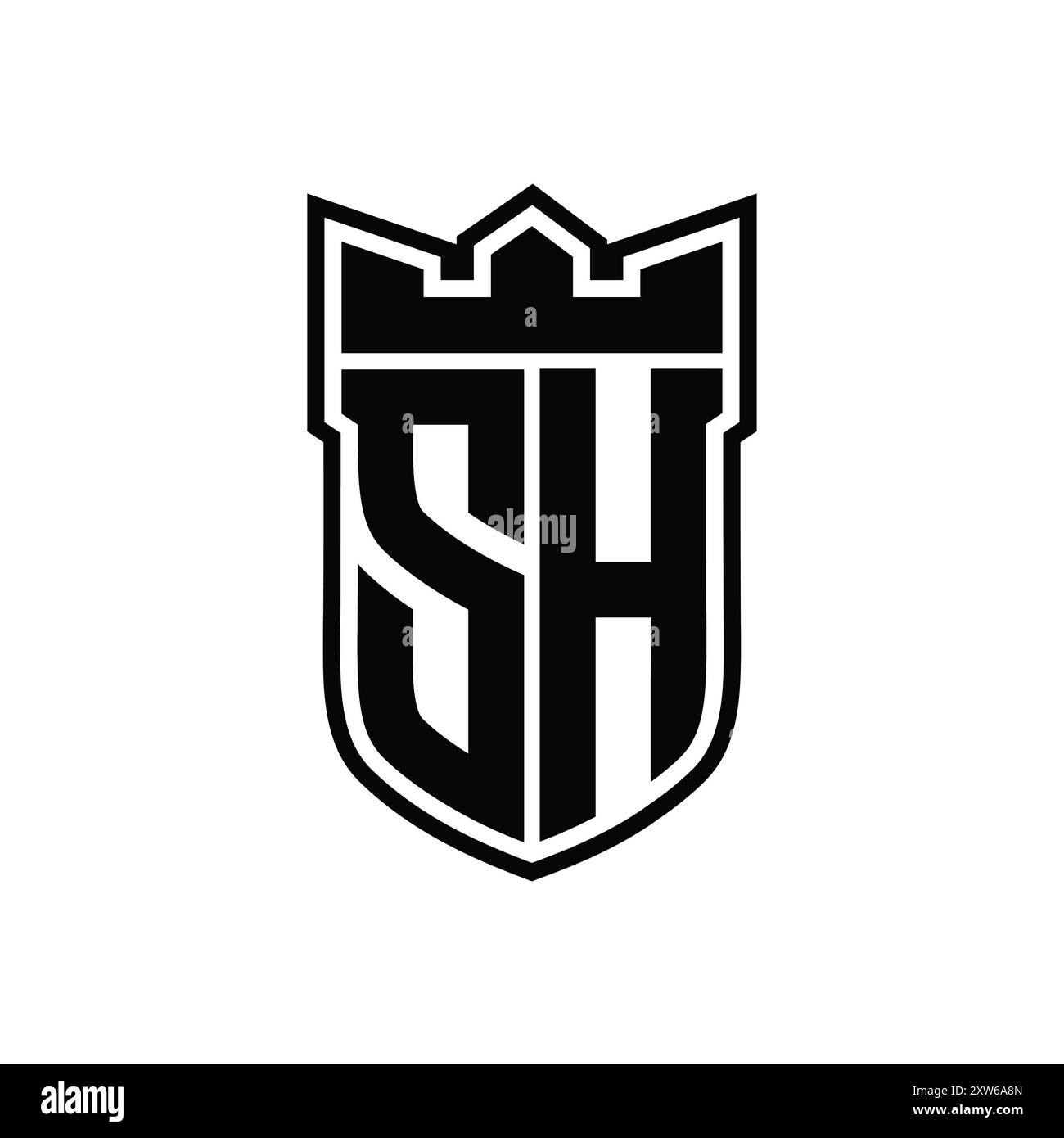 SH Letter logo with shield shape with geometric crown inside black ...