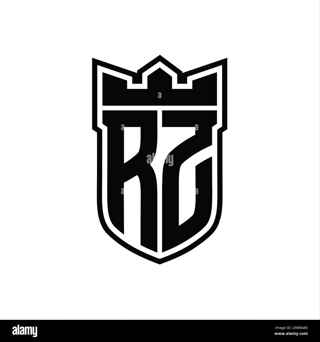 RZ Letter logo with shield shape with geometric crown inside black ...