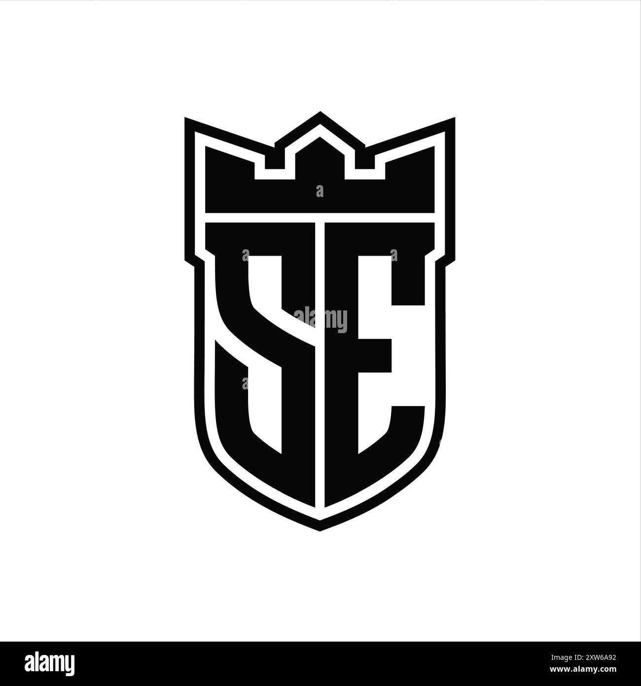 SE Letter logo with shield shape with geometric crown inside black ...