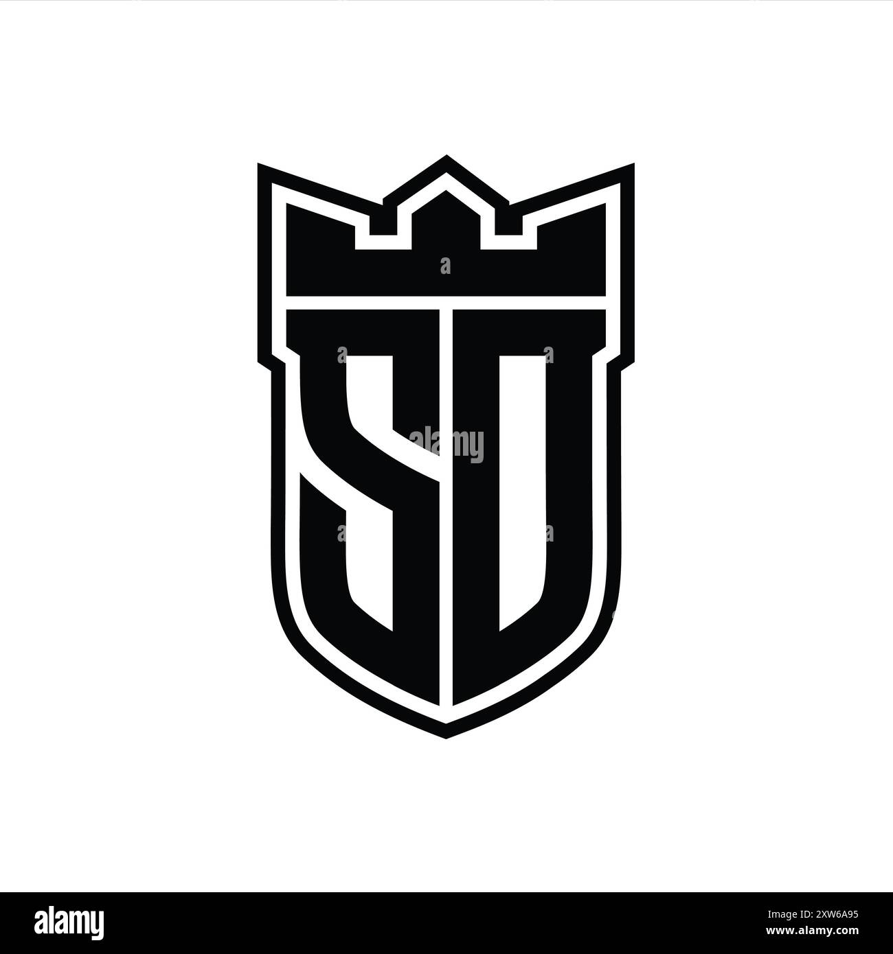 SD Letter logo with shield shape with geometric crown inside black outline on white background ...