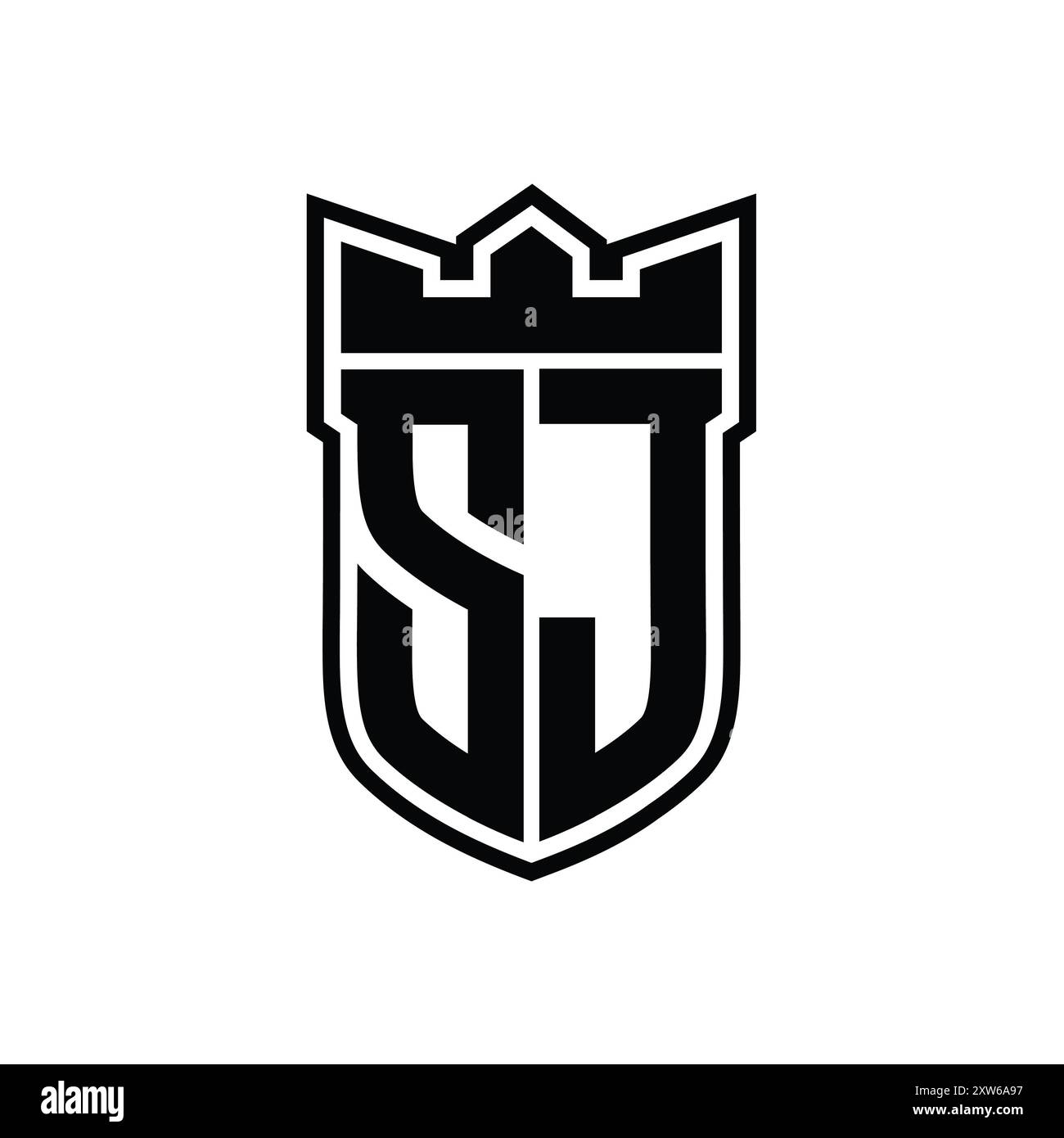 SJ Letter logo with shield shape with geometric crown inside black outline on white background ...